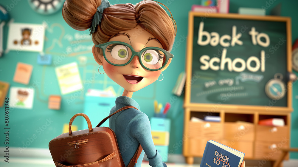 a cute female teacher, , carrying some books, in front of the classroom ...