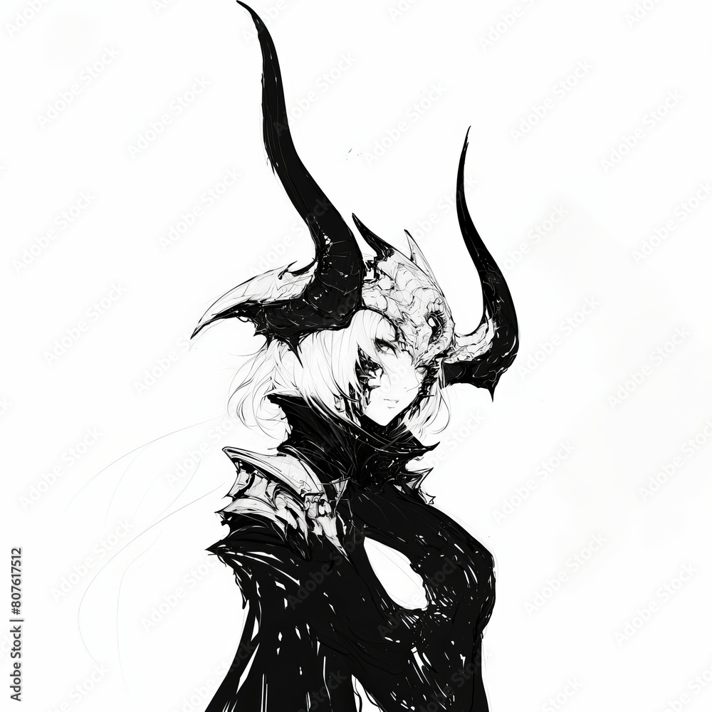 Black and white line drawing of a female depicted as a demon generative ...