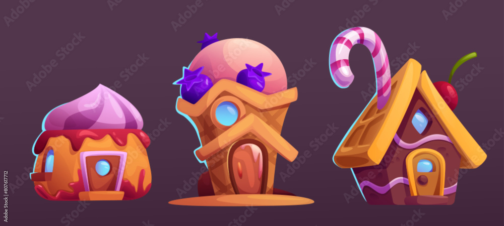 Dessert land houses set isolated on black background. Vector cartoon ...