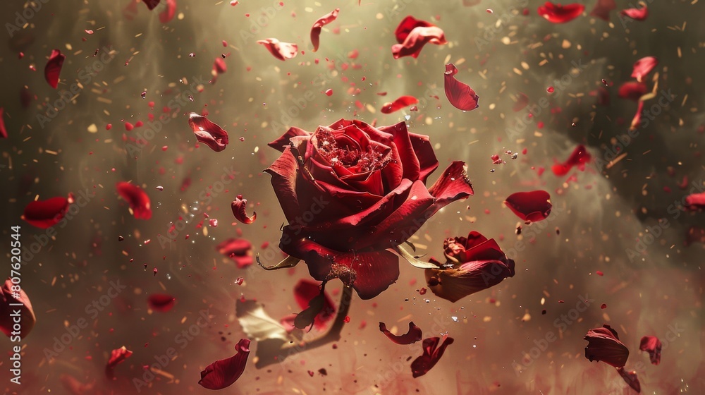Surreal poster of a rose exploding into petals, each fragment suspended ...