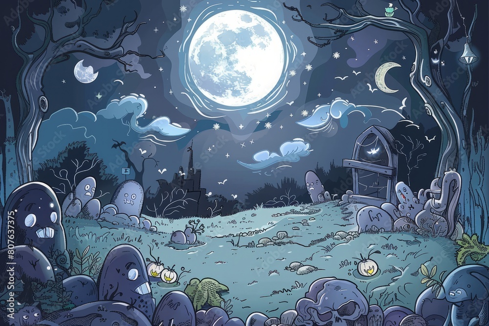 Cartoon cute doodles of a full moon illuminating the night, with ...