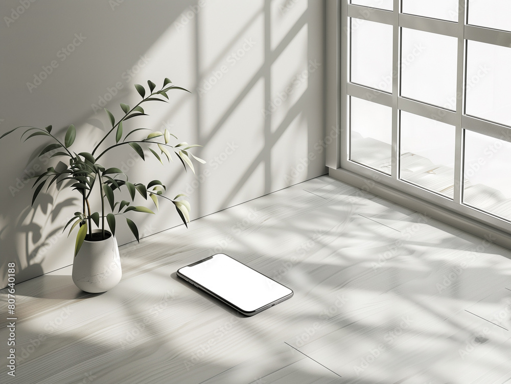 black smartphone with a reflective touch screen lies on a minimalist ...