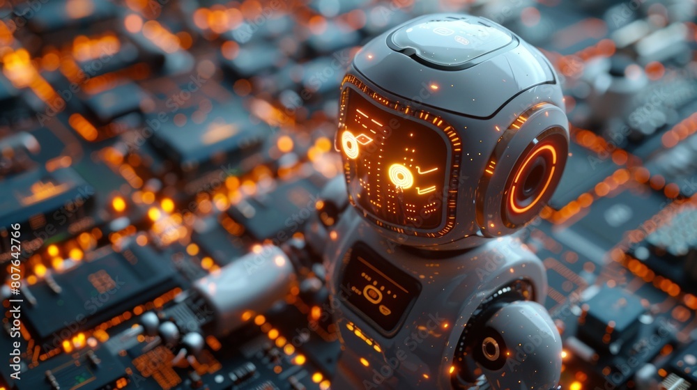 The modern illustration shows an isometric robotic character on a processor chip, AI in science ...