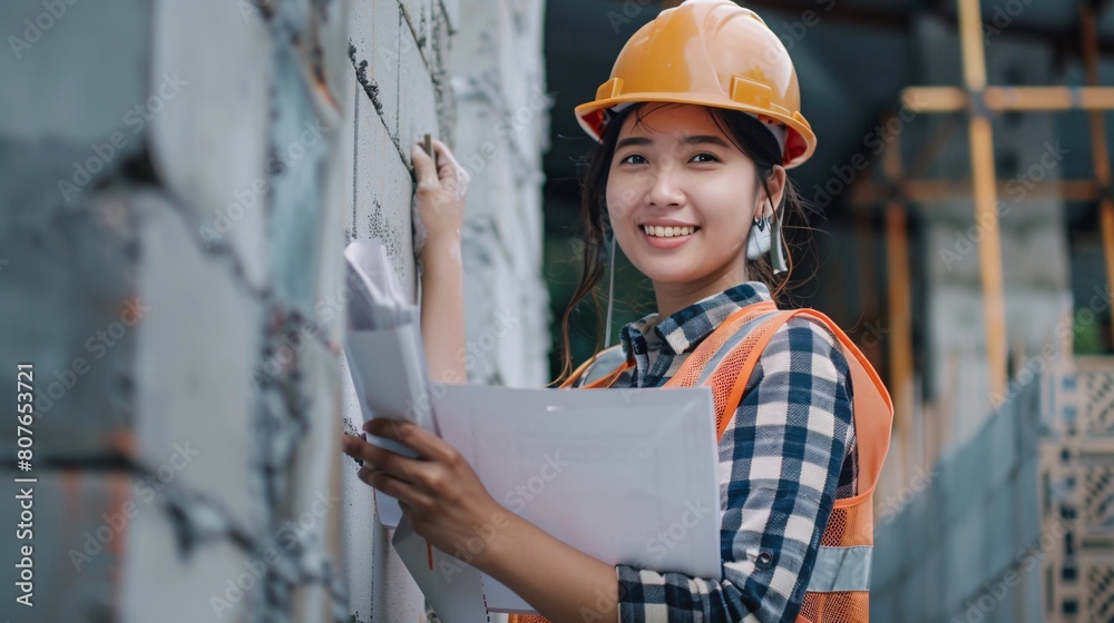 Asian woman engineer holding document smiling at construction site ...