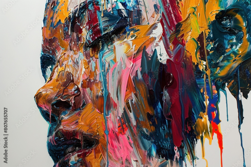 An abstract portrait of a human figure covered in vibrant layers of ...