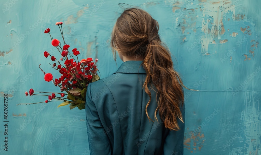 Teenage girl wearing blue blazer backwards with flowers in pocket by ...