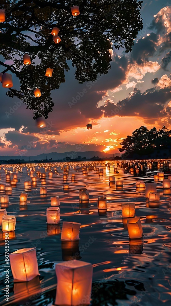 OBON FESTIVAL, JAPAN, Floating lanterns during Japan's Obon Festival Stock Photo | Adobe Stock