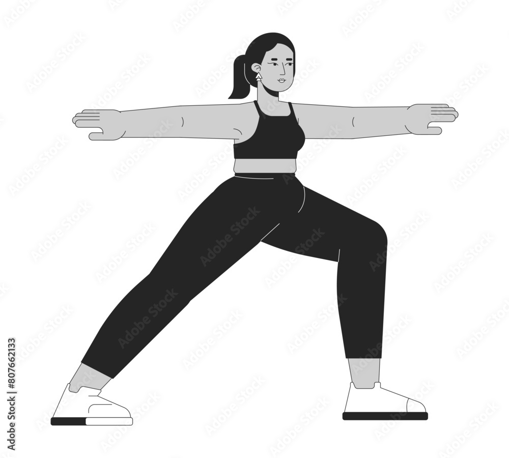 Curvy middle eastern woman practicing yoga black and white 2D line ...
