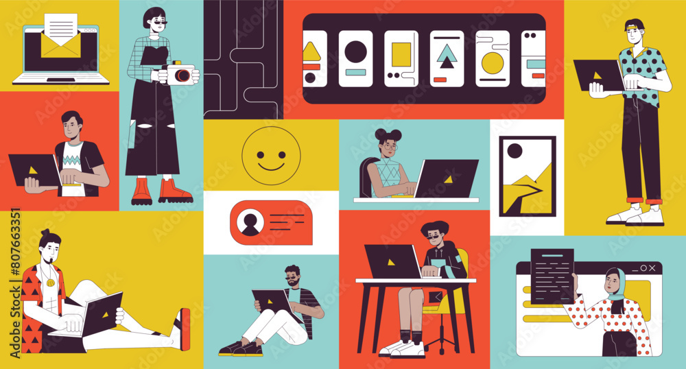 Telework people bento grid illustration set. Working from home 2D ...