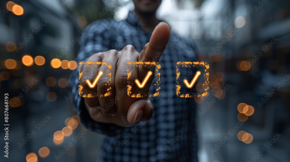 A hand checkbox is on the screen, with three boxes and one dark blue ...