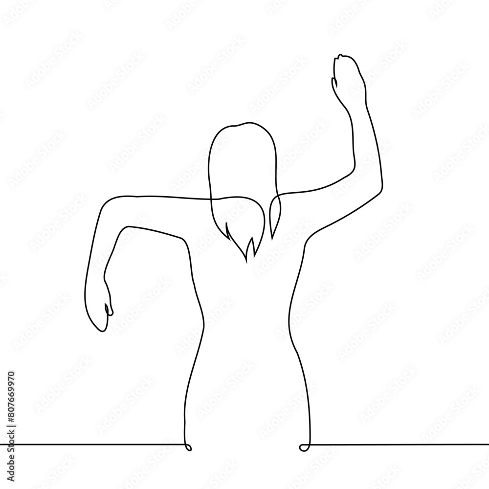 woman stands with her arms stretched out to the sides and elbows bent ...