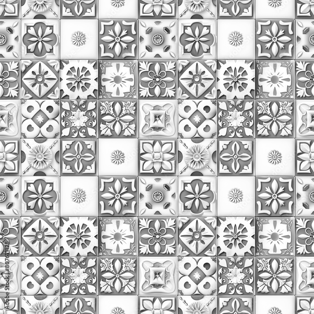 Seamless variety of embossed tiles with floral and geometric patterns ...