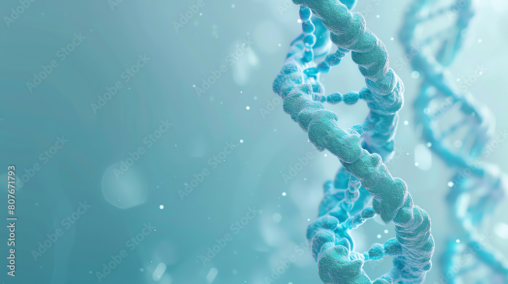 The image shows a 3D rendering of a DNA double helix. The blue and ...