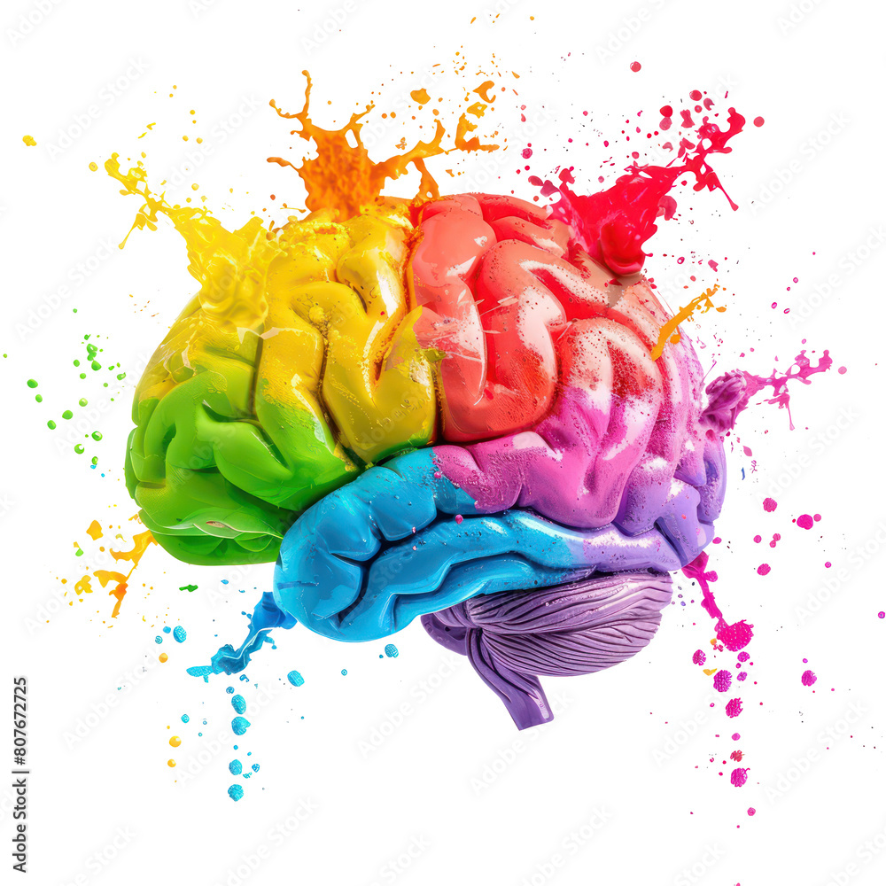 3d brain rainbow pride color splash powder isolate on transparency ...