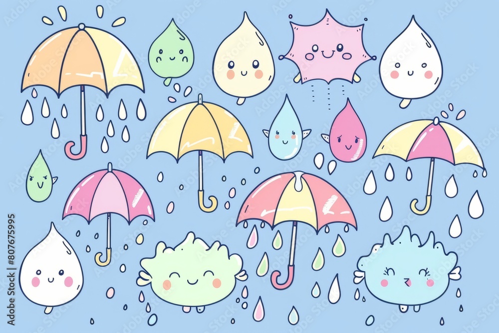 Cartoon cute doodles of raindrops falling from the sky, each with its ...