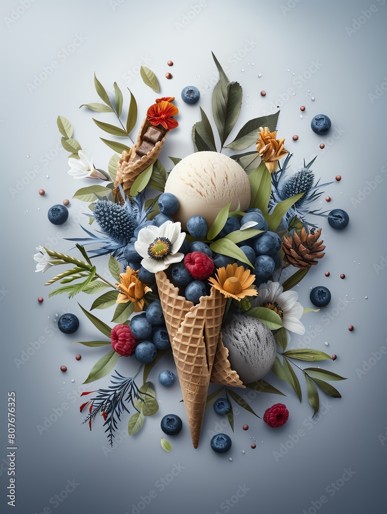 Artistic ice cream cones with handdrawn floral and leaf patterns, white ...