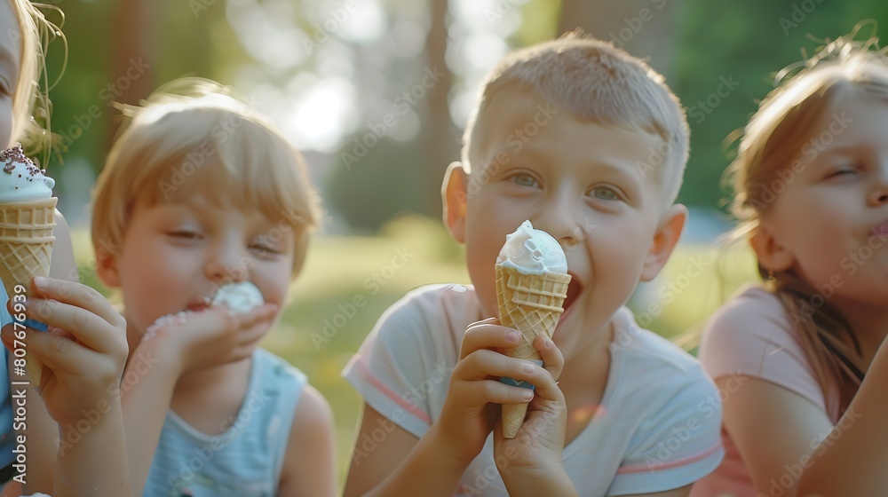 Group of children in the park eating cold ice cream Concept of ...