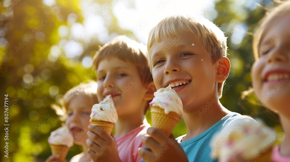 Group of children in the park eating cold ice cream Concept of ...