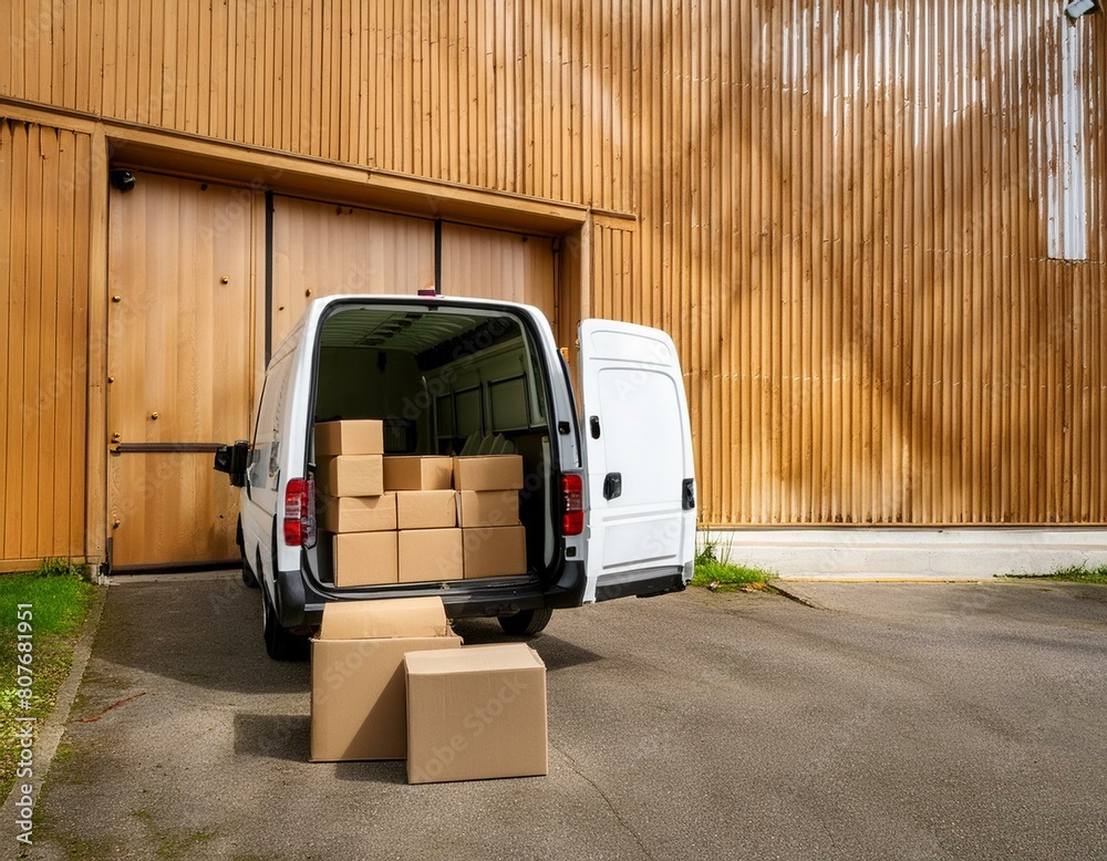 The exterior of a logistics warehouse, with an open door and a delivery ...