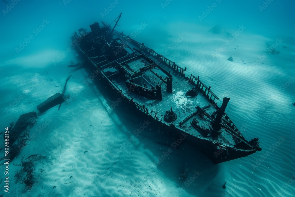 A haunting shipwreck lying half-buried in the sandy ocean floor, its ...