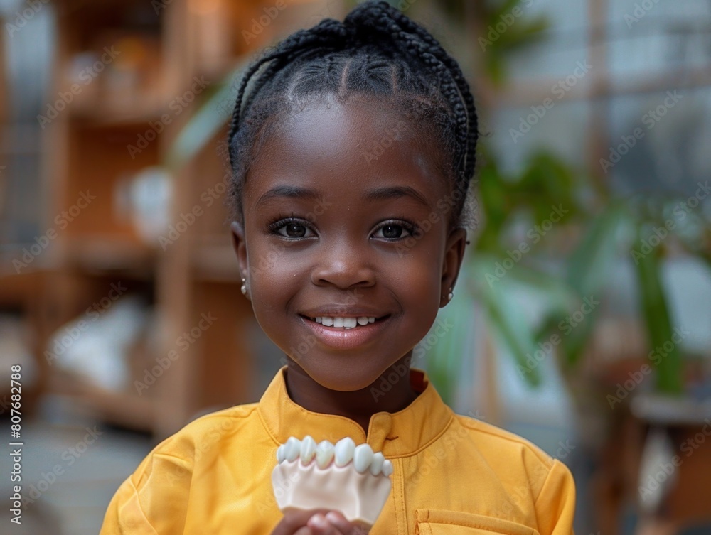 Young black African American girl shows her white teeth and holds a ...