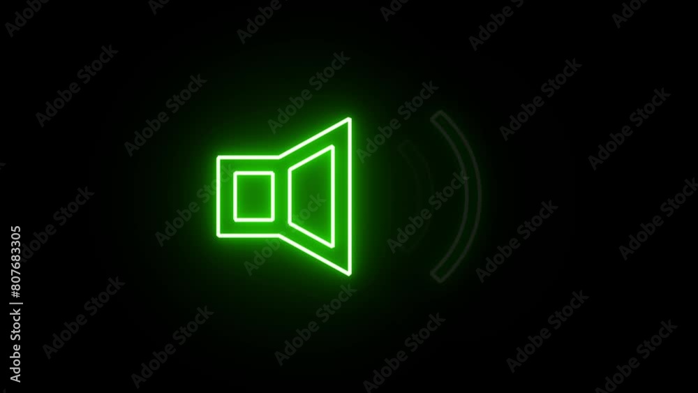 Glowing neon green sound icon audio music speaker animation on black ...
