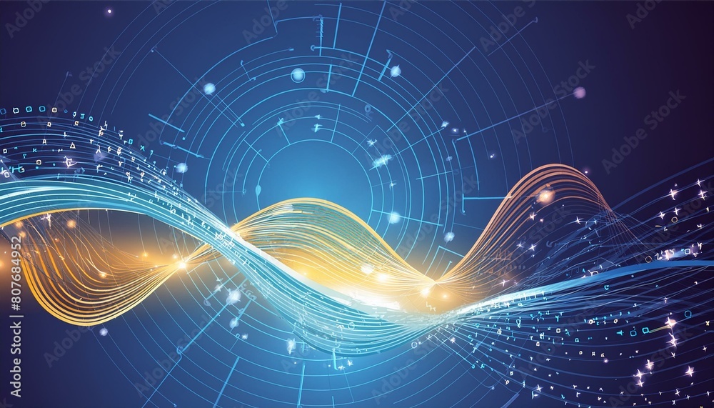 Abstract tech background with illuminated fiber optic connections, quantum computing network ...