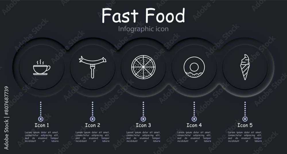 Fast food set icon. Fats, carbohydrates, cup of coffee, pizza, ice ...