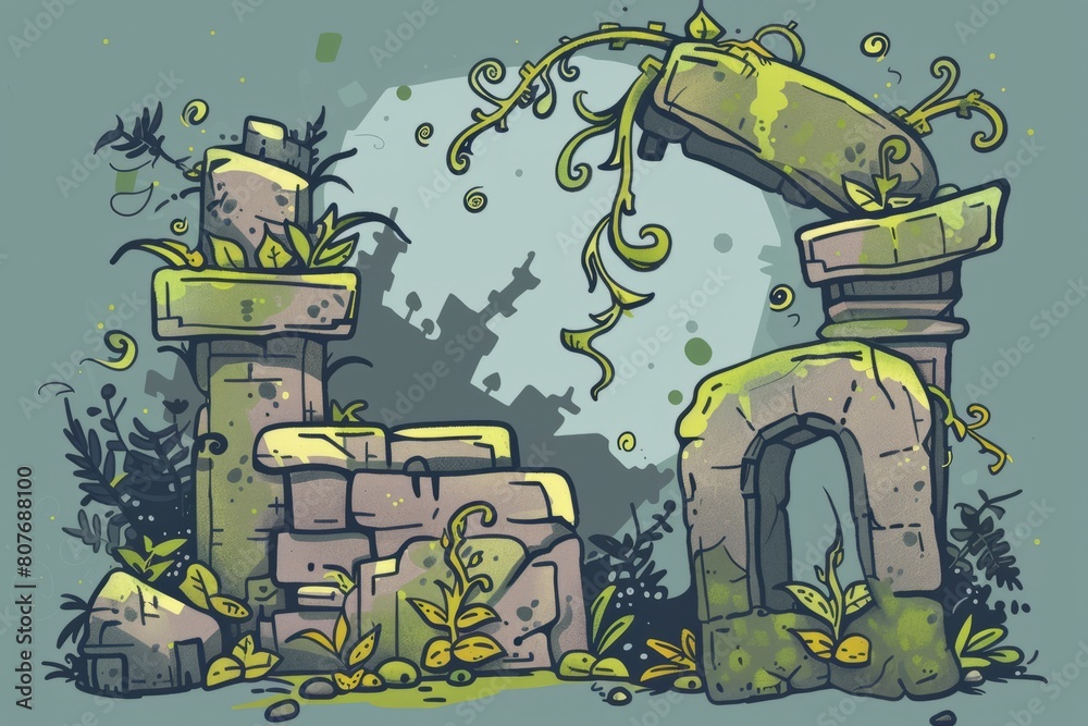 Cartoon cute doodles of ancient ruins being reclaimed by creeping vines ...