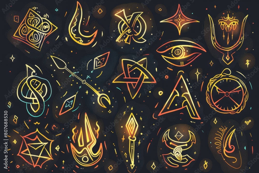 Cartoon cute doodles of ancient runes glowing with mystical energy ...