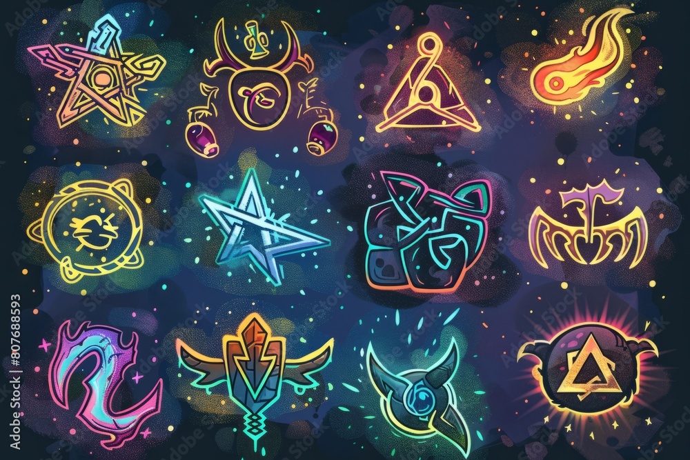 Cartoon cute doodles of ancient runes glowing with mystical energy ...