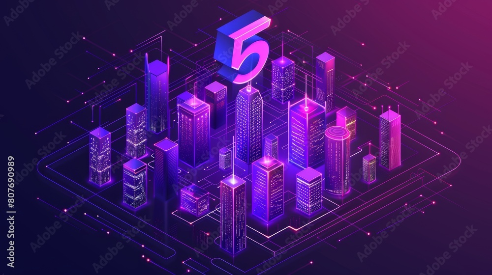 An isometric concept modern illustration of 5G network technology. A ...