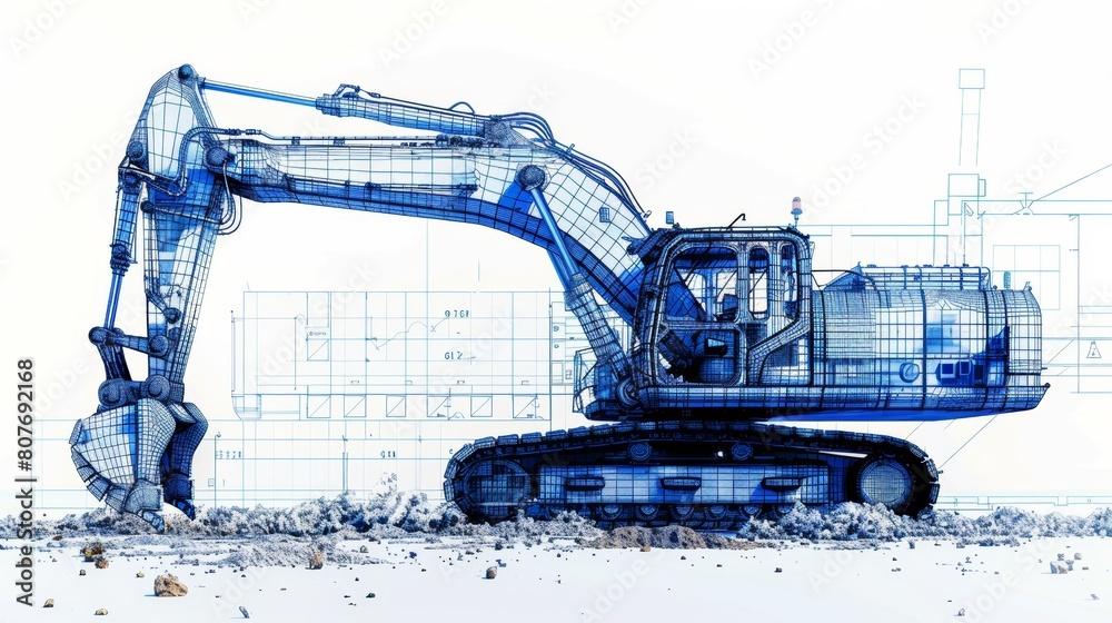 Detailed engineering illustration of an excavator with blueprint ...