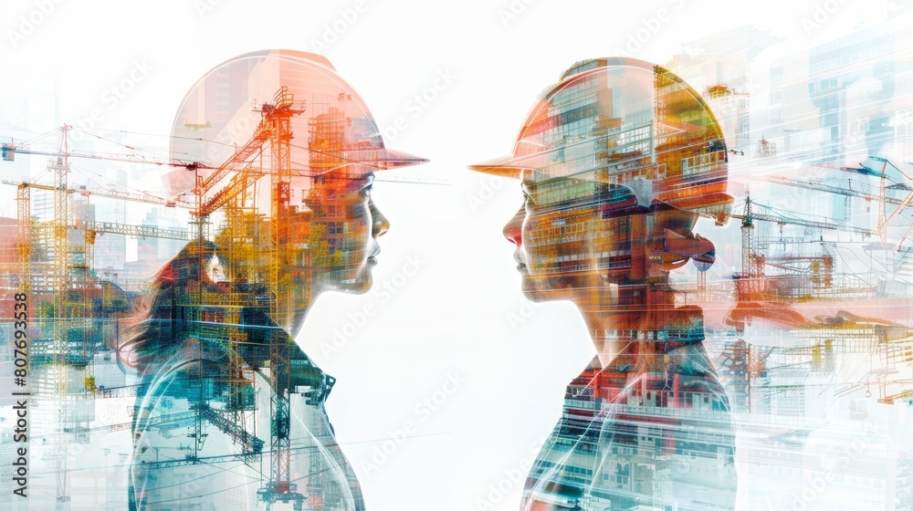 Artistic portrayal of two engineers in a vivid construction setting ...