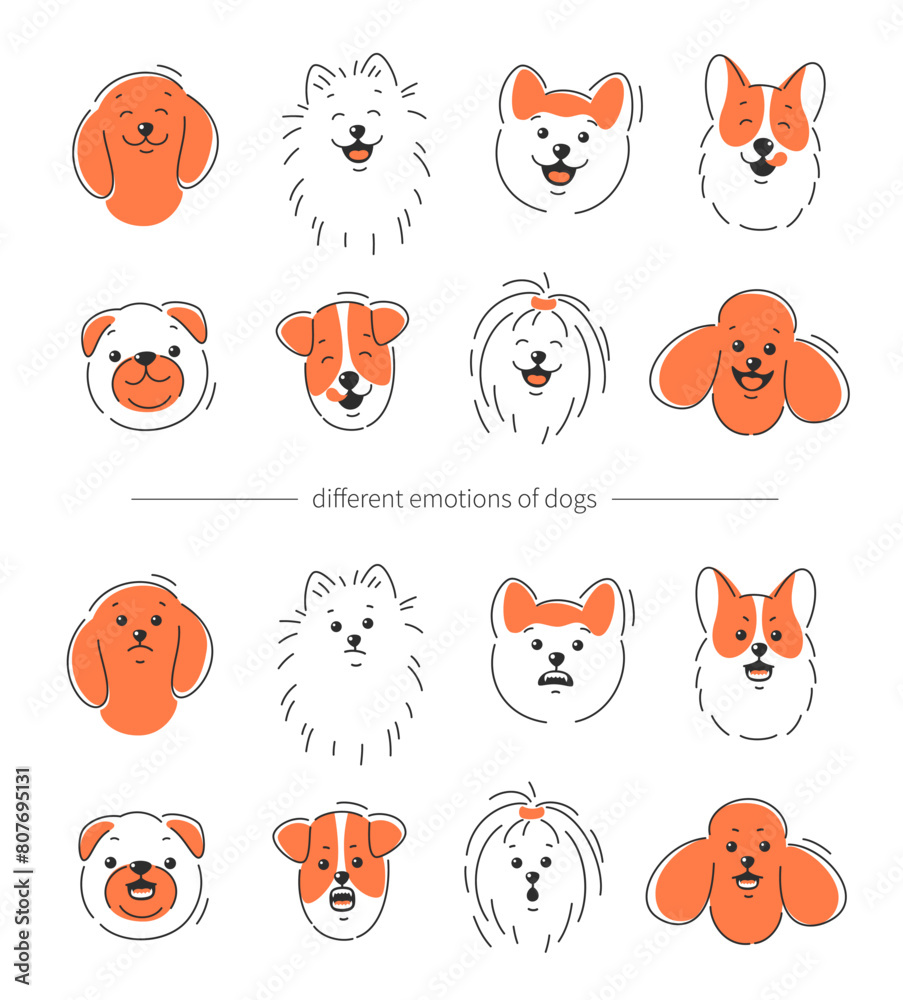 Various animal face, different emotions and breeds. Happy, Angry and ...