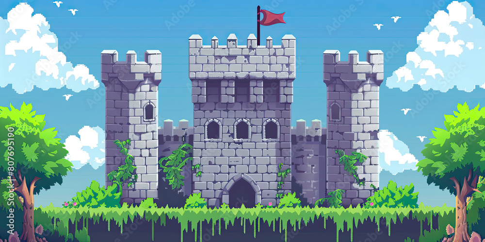 Castle background, video game style illustration castles towers 8-bit ...