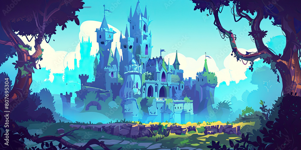 Castle background, video game style illustration castles towers 8-bit ...