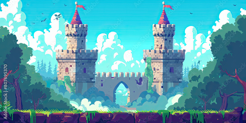 Castle background, video game style illustration castles towers 8-bit ...