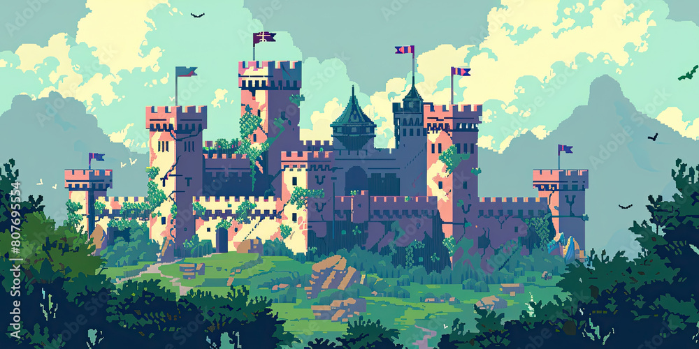 Castle background, video game style illustration castles towers 8-bit ...