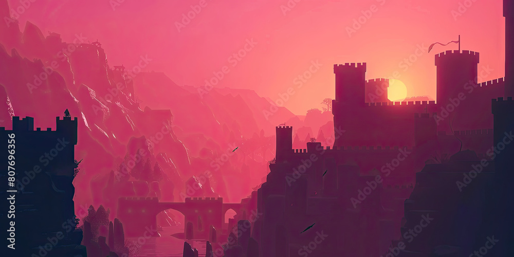 Castle background, video game style illustration castles towers 8-bit ...