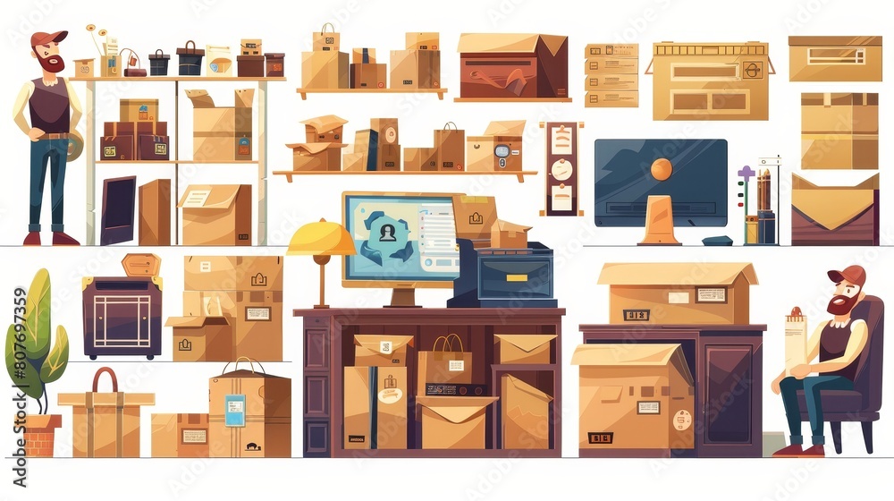 Postman and post office on white background with parcels on shelves ...
