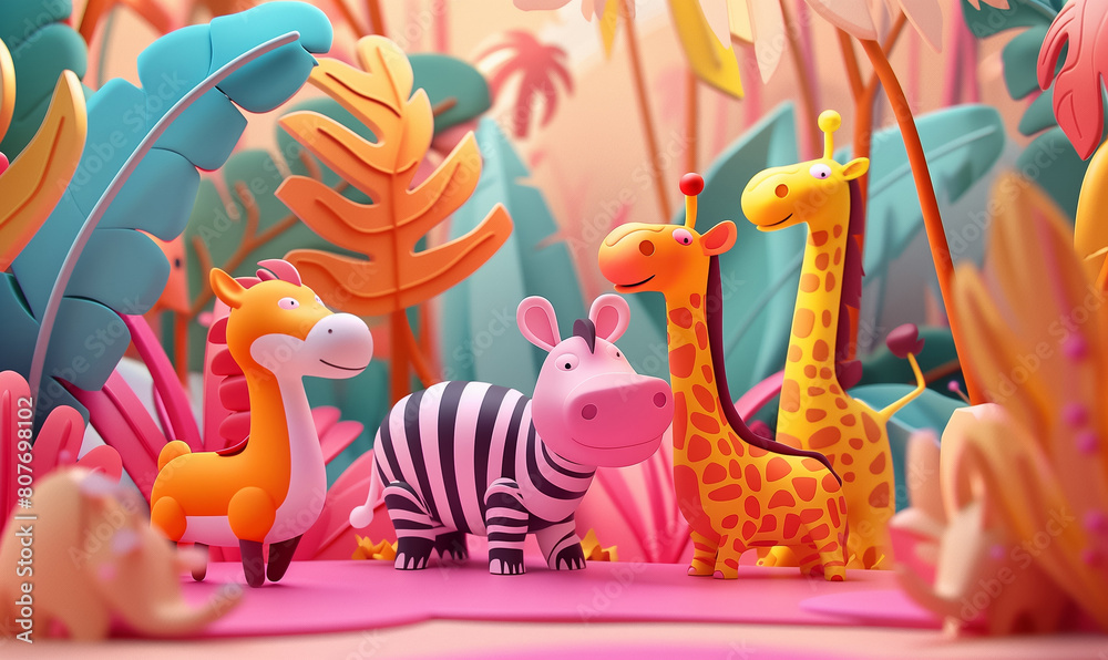 3d wild animals in the jungle or zoo. Cute creatures, giraffe, antelope ...