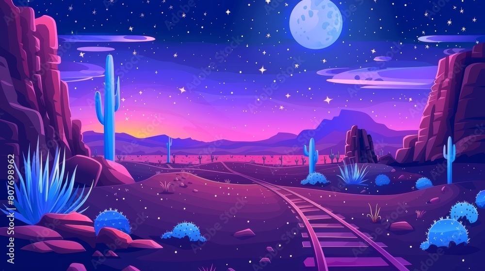 Train cartoon poster. Wild west desert landscape with railroad, cacti ...