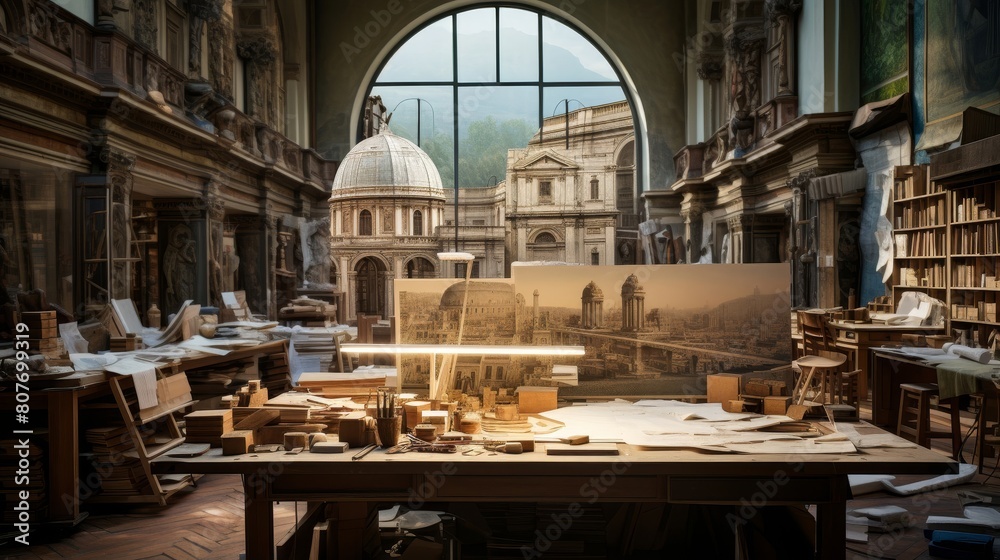 Roman architect's studio filled with drawings and models of structures ...