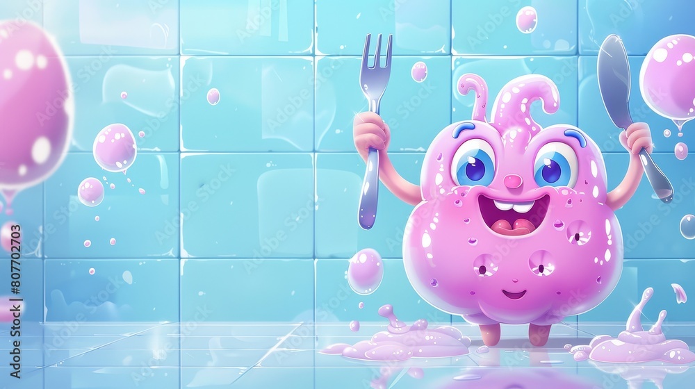 Flying foam bubbles and cleaning sponge character carrying forks and ...