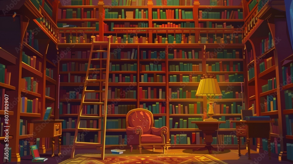 A cartoon old luxury library with wooden furniture, bookcases, and ...