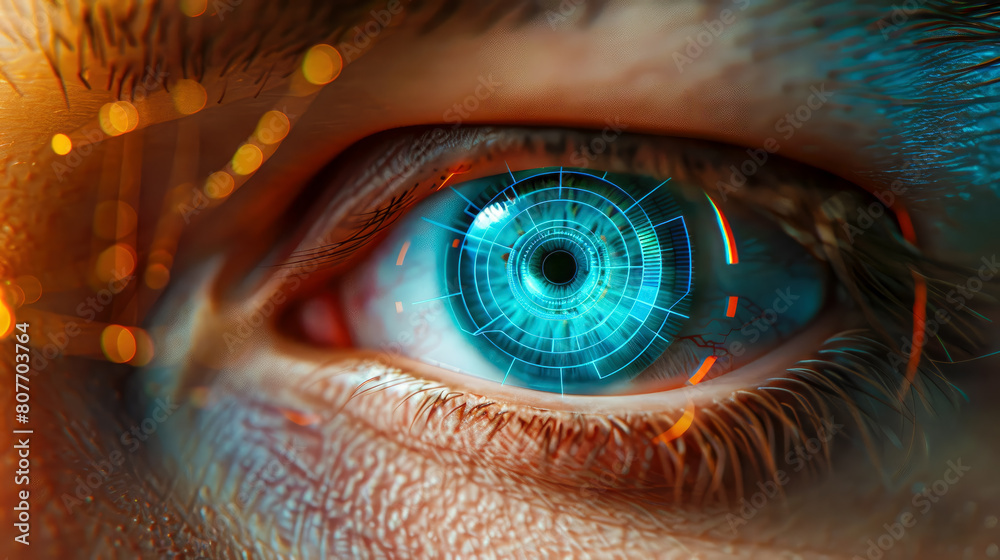 laser and glaucoma eye surgery concept, close up of eye with reticle or ...