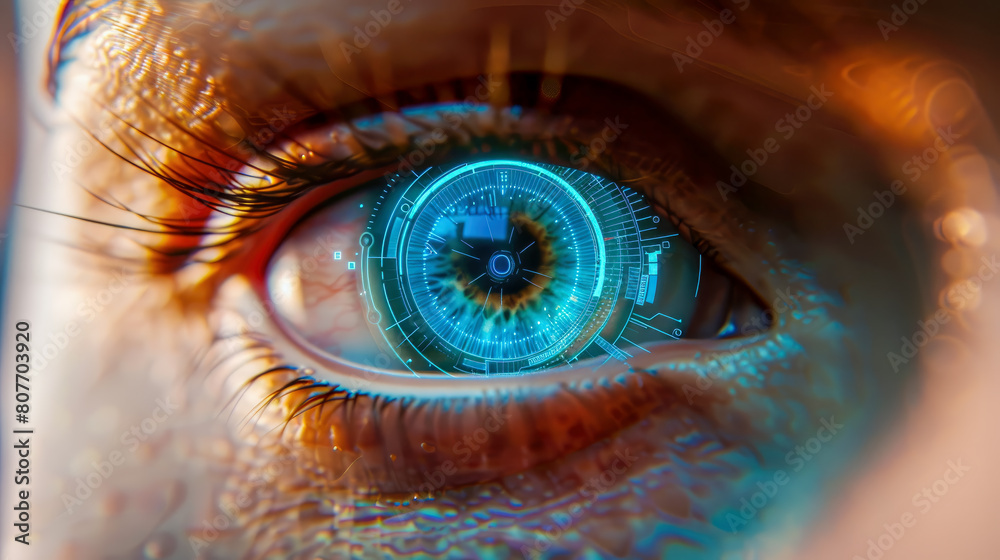 laser and glaucoma eye surgery concept, close up of eye with reticle or ...