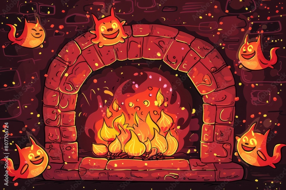 Cartoon cute doodles of playful flames dancing in a cozy fireplace ...