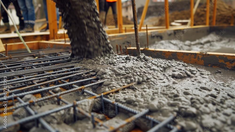 Workers pour wet concrete over rebar framework in an active ...